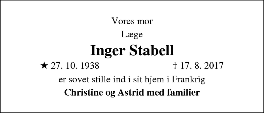 Dødsannonce – Inger Stabell - Frankrig | Dødsannoncer.dk