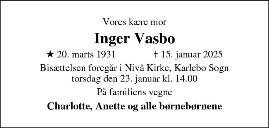 Dødsannonce – Inger Vasbo - Kokkedal | Dødsannoncer.dk