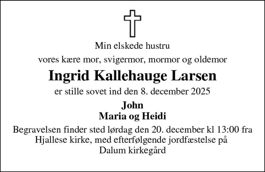 Dødsannonce – Ingrid Kallehauge Larsen - Odense | Dødsannoncer.dk