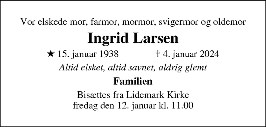 Dødsannonce – Ingrid Larsen - Hinnerup | Dødsannoncer.dk