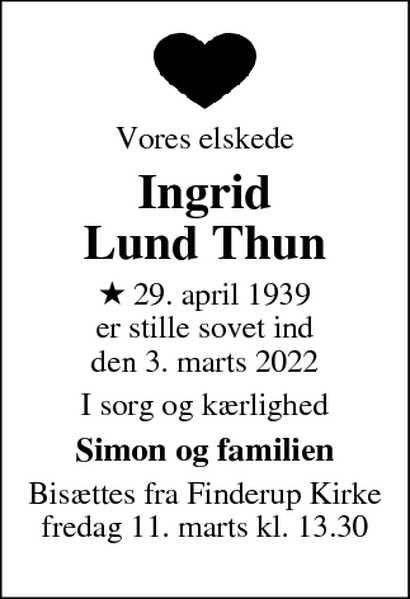 Dødsannonce – Ingrid Lund Thun - Høng | Dødsannoncer.dk