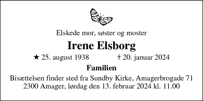 Dødsannonce – Irene Elsborg - København | Dødsannoncer.dk