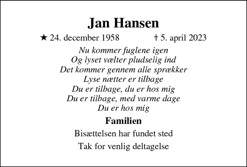 Dødsannonce – Jan Hansen - Kolding | Dødsannoncer.dk