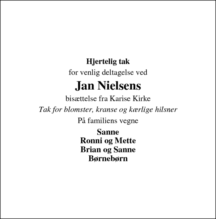 Dødsannonce – Jan Nielsen - Karise | Dødsannoncer.dk