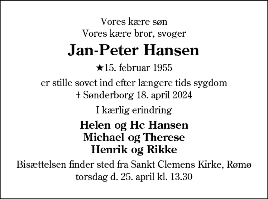 Dødsannonce – Jan-Peter Hansen - Havneby Rømø | Dødsannoncer.dk