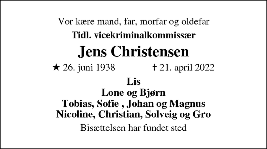 Dødsannonce – Jens Christensen - 2770 Kastrup | Dødsannoncer.dk