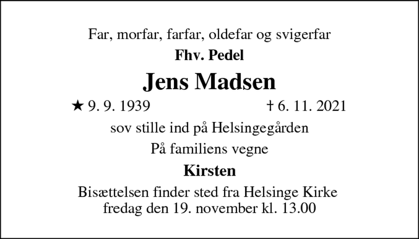 Dødsannonce – Jens Madsen - Helsinge | Dødsannoncer.dk
