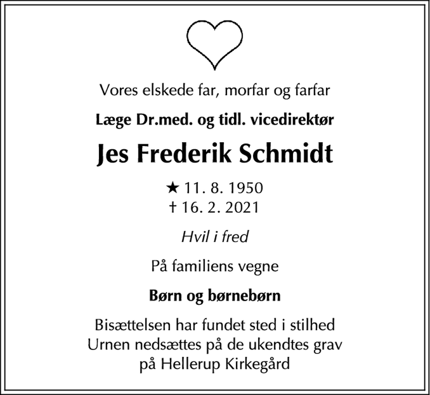 Dødsannonce – Jes Frederik Schmidt - Charlottenlund | Dødsannoncer.dk