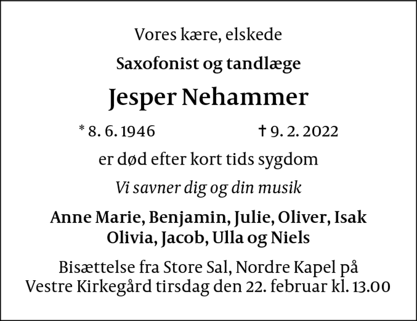 Dødsannonce – Jesper Nehammer - Valby | Dødsannoncer.dk