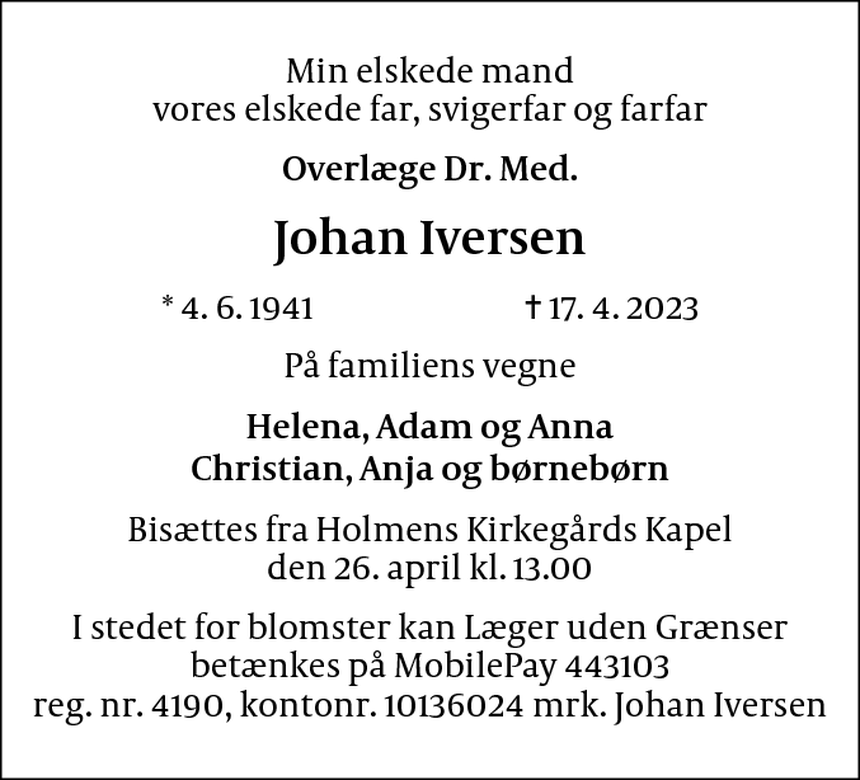 Dødsannonce – Johan Iversen - København N | Dødsannoncer.dk