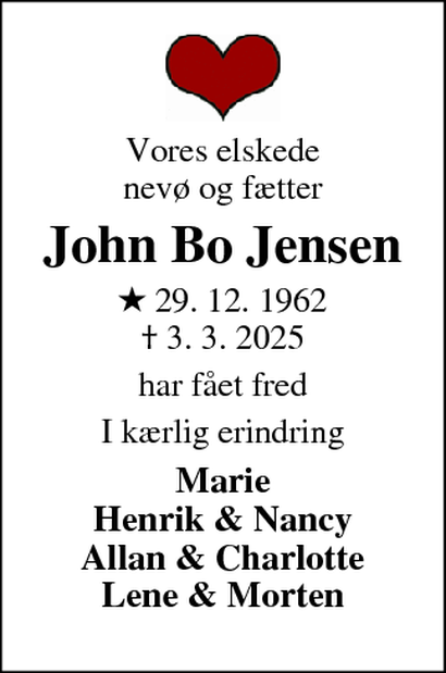 Dødsannonce – John Bo Jensen - Skjern | Dødsannoncer.dk