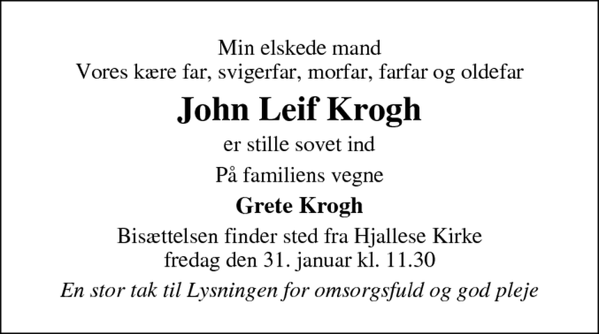 Dødsannonce – John Leif Krogh - Odense | Dødsannoncer.dk
