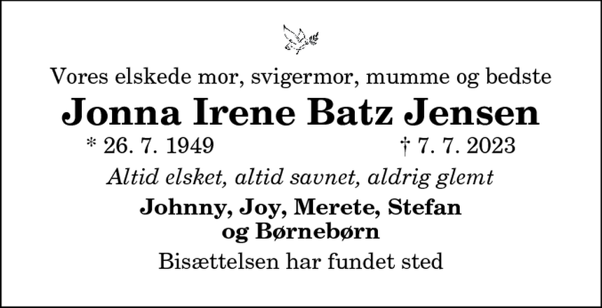 Dødsannonce – Jonna Irene Batz Jensen - Kongerslev | Dødsannoncer.dk