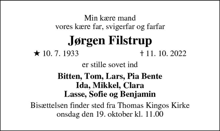 Dødsannonce – Jørgen Filstrup - Odense m | Dødsannoncer.dk