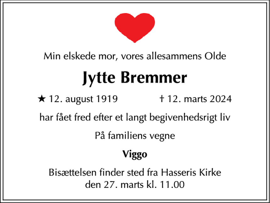 Dødsannonce – Jytte Bremmer - Charlottenlund | Dødsannoncer.dk