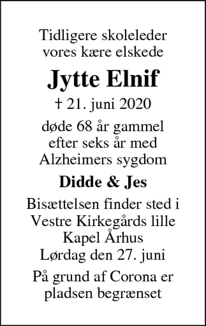 Dødsannonce – Jytte Elnif - Århus | Dødsannoncer.dk