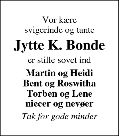 Dødsannonce – Jytte K. Bonde - Hvide Sande | Dødsannoncer.dk