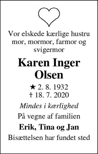 Dødsannonce – Karen Inger Olsen - Holbæk | Dødsannoncer.dk