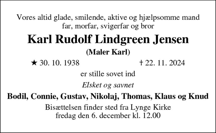 Dødsannonce – Karl Rudolf Lindgreen Jensen - Farum | Dødsannoncer.dk