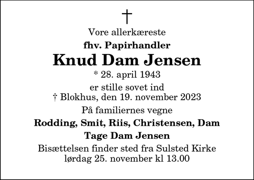Dødsannonce – Knud Dam Jensen - Vestbjerg | Dødsannoncer.dk