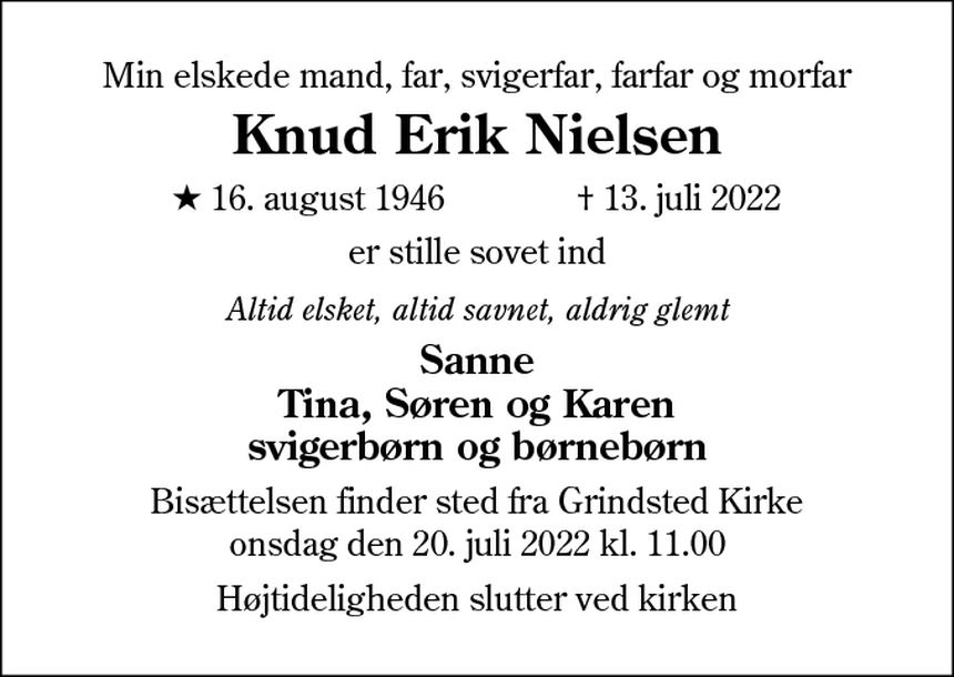Dødsannonce – Knud Erik Nielsen - Grindsted | Dødsannoncer.dk