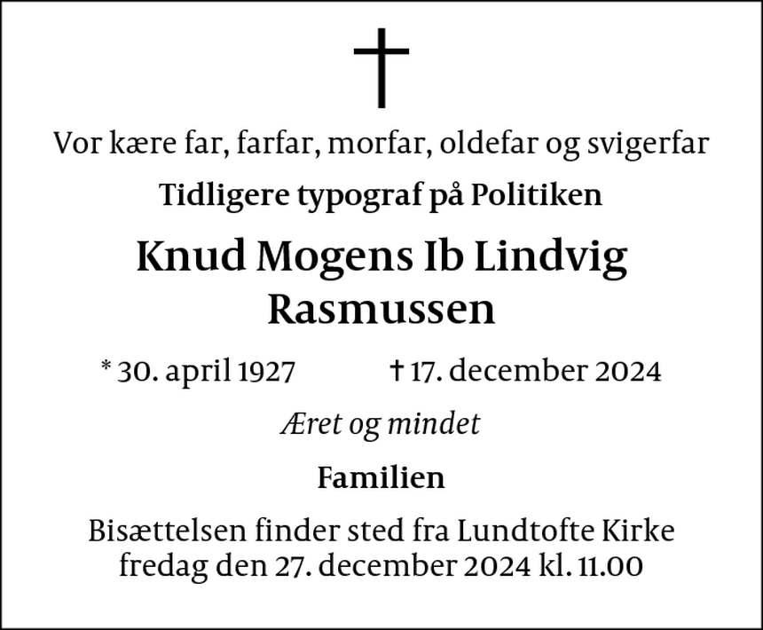 Dødsannonce – Knud Mogens Ib Lindvig Rasmussen - Kgs. Lyngby ...