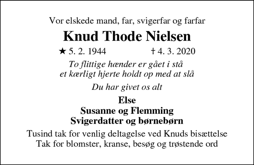 Dødsannonce – Knud Thode Nielsen - 8550 Ryomgård | Dødsannoncer.dk