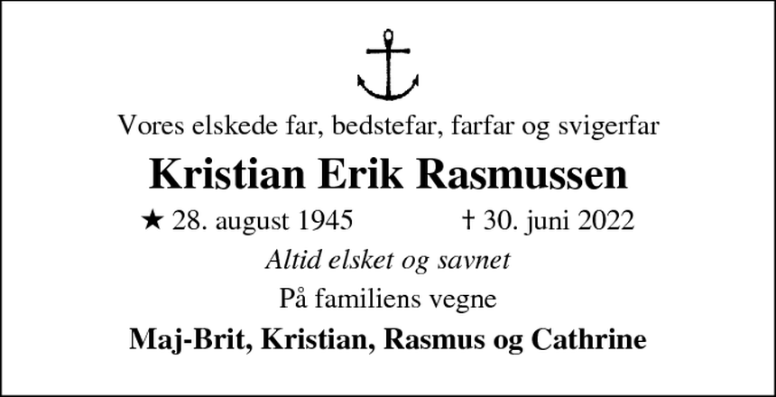 Dødsannonce – Kristian Erik Rasmussen - Vejle | Dødsannoncer.dk