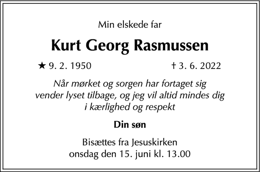 Dødsannonce – Kurt Georg Rasmussen - Valby | Dødsannoncer.dk
