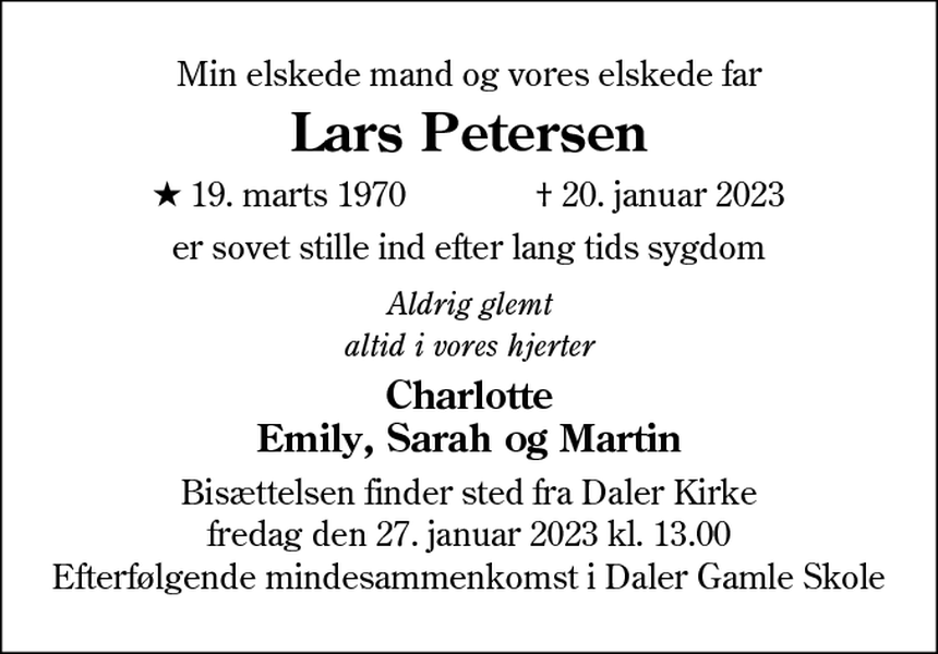 Dødsannonce – Lars Petersen - Østerby | Dødsannoncer.dk
