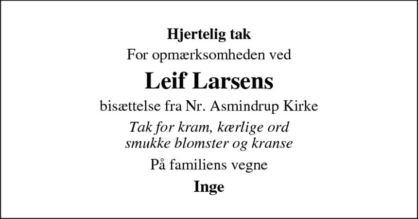 Dødsannonce – Leif Larsen - Nr. Asmindrup | Dødsannoncer.dk