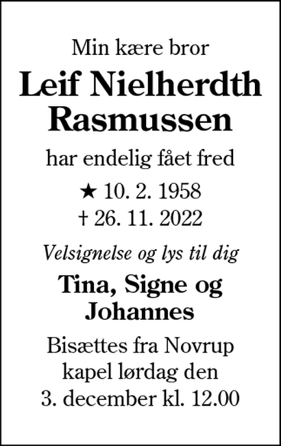 Dødsannonce – Leif Nielherdth Rasmussen - Esbjerg | Dødsannoncer.dk