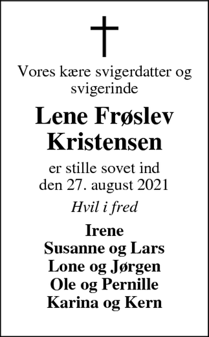 Dødsannonce – Lene Frøslev Kristensen - Nykøbing M | Dødsannoncer.dk