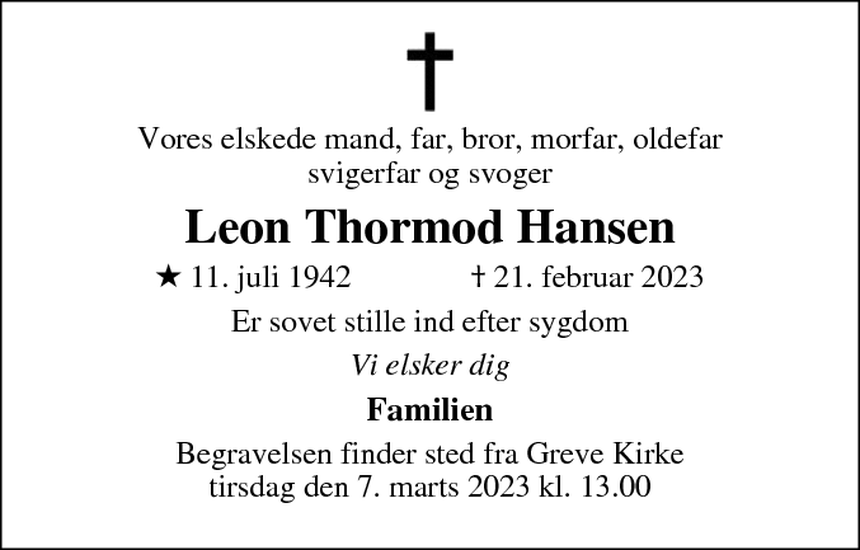 Dødsannonce – Leon Thormod Hansen - Kvistgård | Dødsannoncer.dk