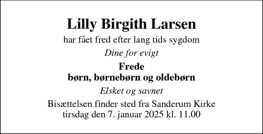 Dødsannonce – Lilly Birgith Larsen - odense | Dødsannoncer.dk