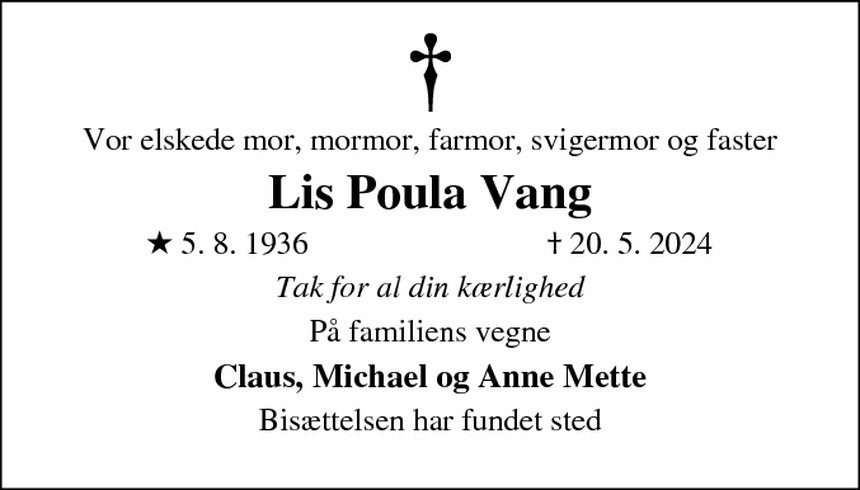 Dødsannonce – Lis Poula Vang - Jægerspris | Dødsannoncer.dk