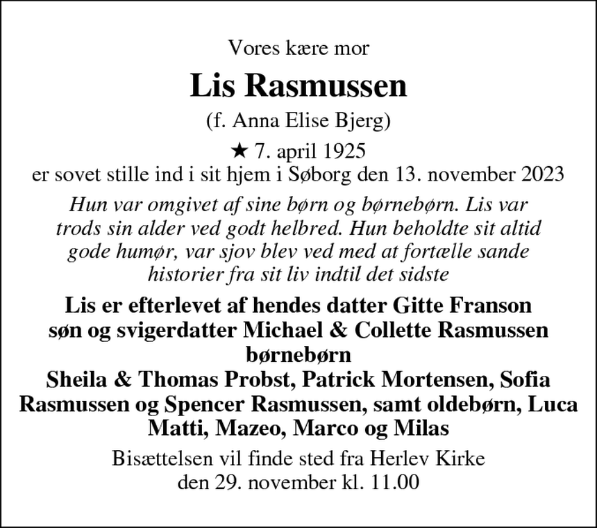 Dødsannonce – Lis Rasmussen - Søborg | Dødsannoncer.dk