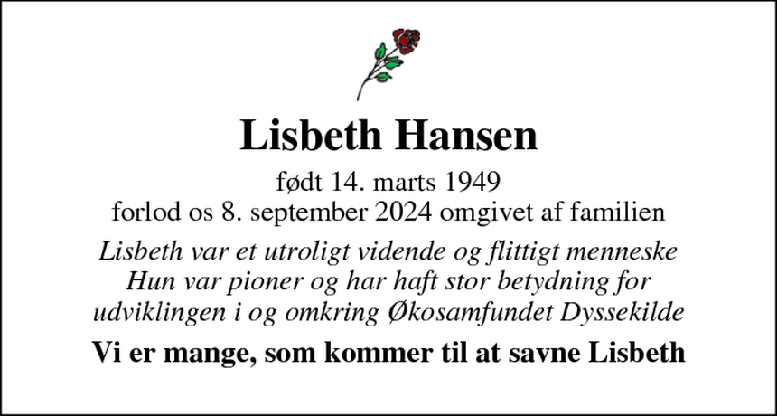 Dødsannonce – Lisbeth Hansen - Torup | Dødsannoncer.dk