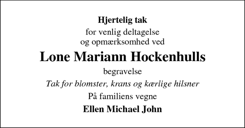 Dødsannonce – Lone Mariann Hockenhull - København S | Dødsannoncer.dk