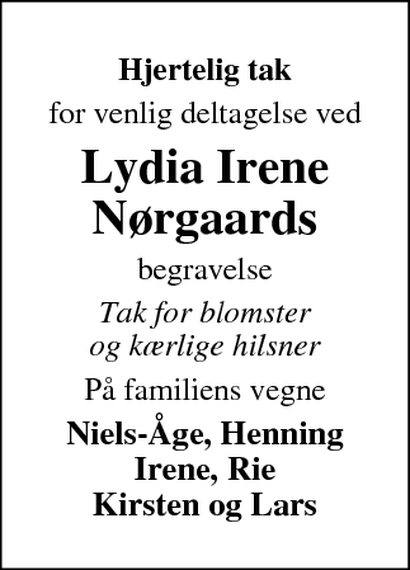 Dødsannonce – Lydia Irene Nørgaard - Trustrup 7800 Skive | Dødsannoncer.dk