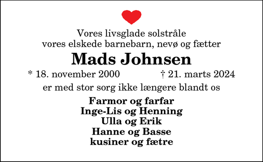Dødsannonce – Mads Johnsen - Hvidbjerg Thyholm | Dødsannoncer.dk