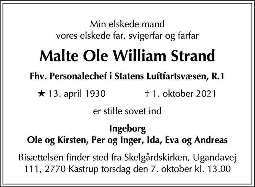 Dødsannonce – Malte Ole William Strand - Hillerød | Dødsannoncer.dk