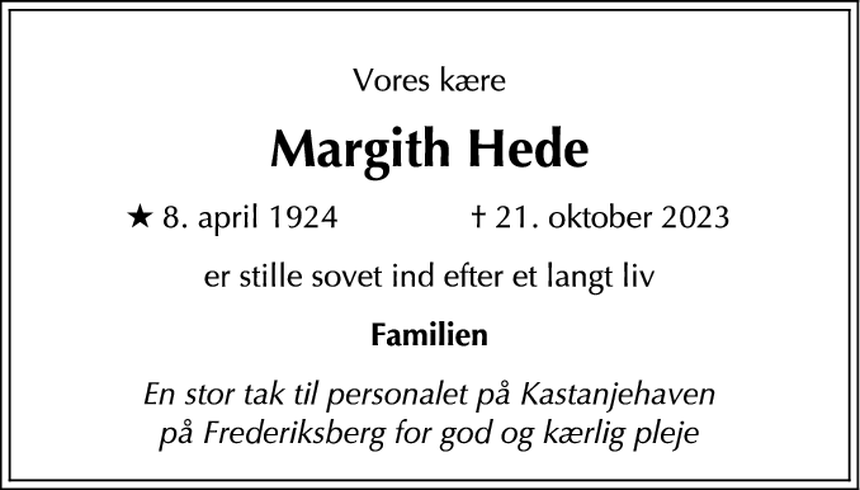 Dødsannonce – Margith Hede - Frederiksberg | Dødsannoncer.dk