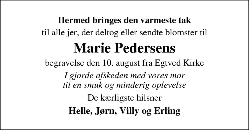 Dødsannonce – Marie Pedersen - Egtved | Dødsannoncer.dk