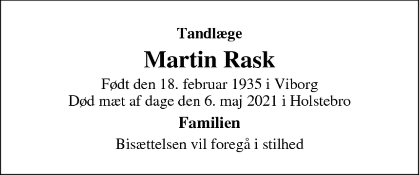 Dødsannonce – Martin Rask - Holstebro | Dødsannoncer.dk