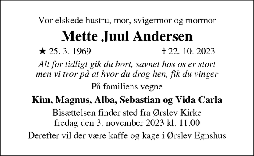 Dødsannonce – Mette Juul Andersen - Vordingborg | Dødsannoncer.dk