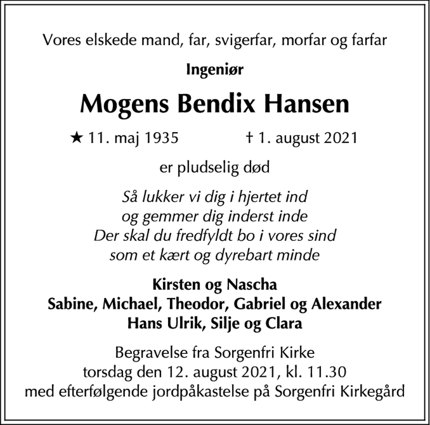 Dødsannonce – Mogens Bendix Hansen - Kongens Lyngby | Dødsannoncer.dk