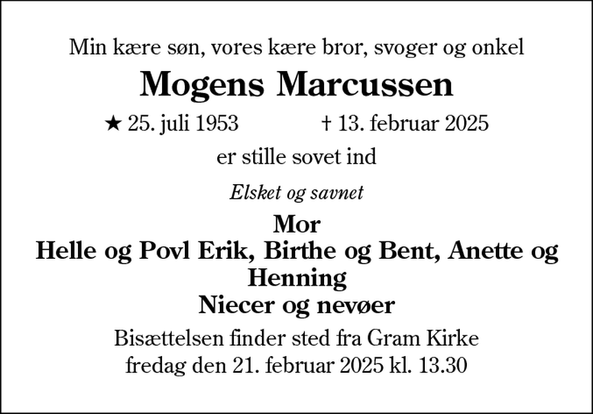 Dødsannonce – Mogens Marcussen - Gram | Dødsannoncer.dk