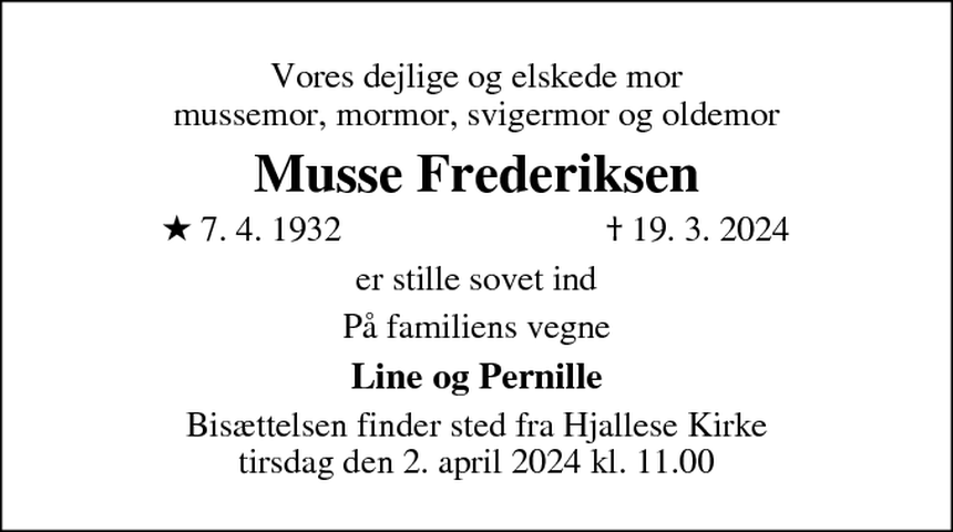 Dødsannonce – Musse Frederiksen - Odense | Dødsannoncer.dk