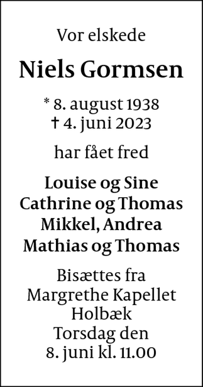 Dødsannonce – Niels Gormsen - LEJRE | Dødsannoncer.dk